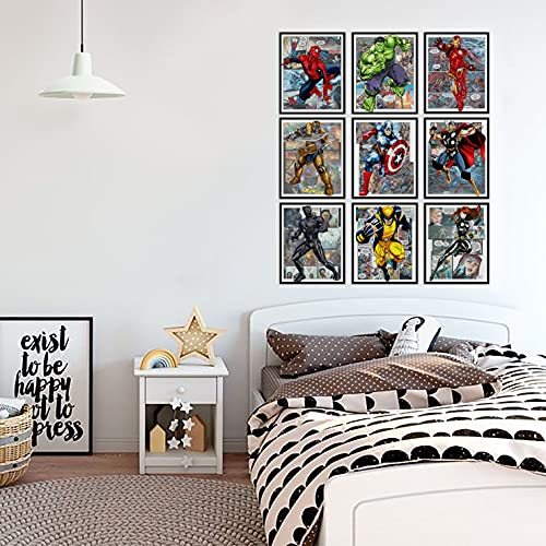 Superhero Posters for Boys Room - 8x10 Inches Set of 9 UNFRAMED - Superhero Wall Art - Superhero Wall Decor - Superhero Comics Characters for Boys Room Nursery Kids Rooms Bedrooms Toddlers Teens Bathrooms Girls Rooms by EOM Art & Design