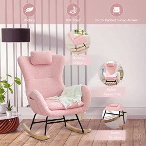 Kvutx Teddy Upholstered Nursery Rocking Chair - Comfy Pink Glider Rocker with Padded Seat, High Backrest, and Armrests for Living Room Bedroom Offices (Pink)