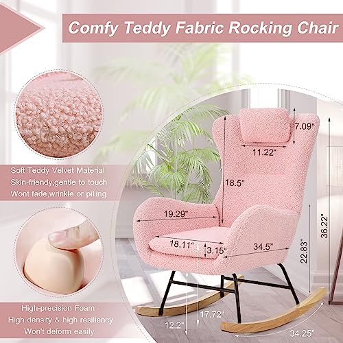 Kvutx Teddy Upholstered Nursery Rocking Chair - Comfy Pink Glider Rocker with Padded Seat, High Backrest, and Armrests for Living Room Bedroom Offices (Pink)