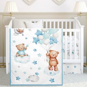 mixweer 3 pcs cloud balloon bear theme crib bedding set for boys baby nursery mini crib bedding set comforter sets blue gender neutral standard size crib fitted sheet, comforter, crib skirt, for girl