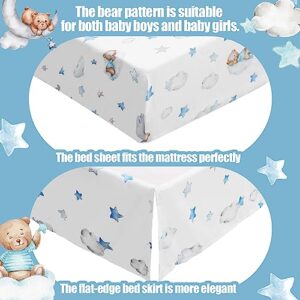 Mixweer 3 Pcs Cloud Balloon Bear Theme Crib Bedding Set for Boys Baby Nursery Mini Crib Bedding Set Comforter Sets Blue Gender Neutral Standard Size Crib Fitted Sheet, Comforter, Crib Skirt, for Girl