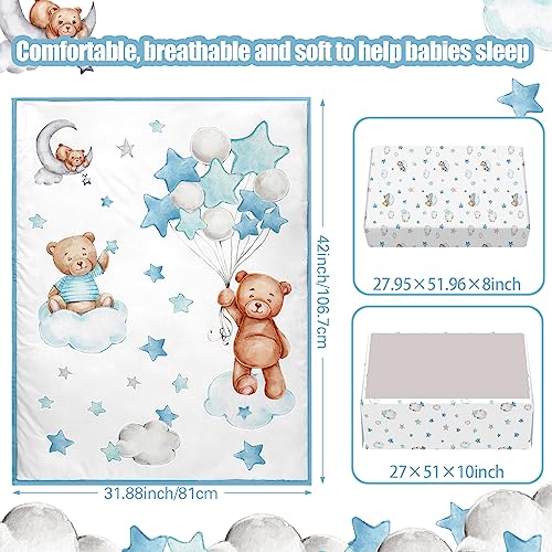 Mixweer 3 Pcs Cloud Balloon Bear Theme Crib Bedding Set for Boys Baby Nursery Mini Crib Bedding Set Comforter Sets Blue Gender Neutral Standard Size Crib Fitted Sheet, Comforter, Crib Skirt, for Girl