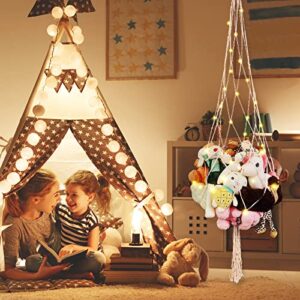 Stuffed Animal Hammock with LED Light Macrame Net for Stuffed Animals Corner Hanging Stuffed Animal Net Toy Hammock Stuffed Animals Storage for Kids Toy Storage