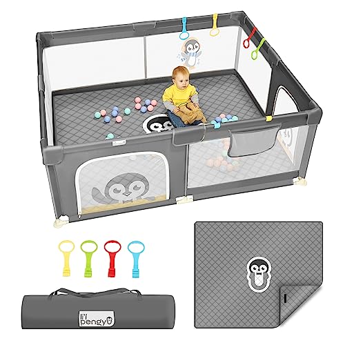 Baby Playpen for Babies and Toddlers with Mat, 71x59 inch Extra Large Baby Playard No Gaps for Indoor & Outdoor, Portable Toddler Playpen with Bag, Anti-Slip Base, (Gray), Li'l Pengyu