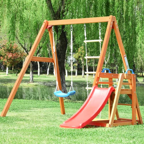 Kiriner Wooden Swing Set with Slide, Outdoor Playset Backyard Activity Playground Climb Swing Outdoor Play Structure for Toddlers, Ready to Assemble Wooden Swing-N-Slide Set Kids Climbers