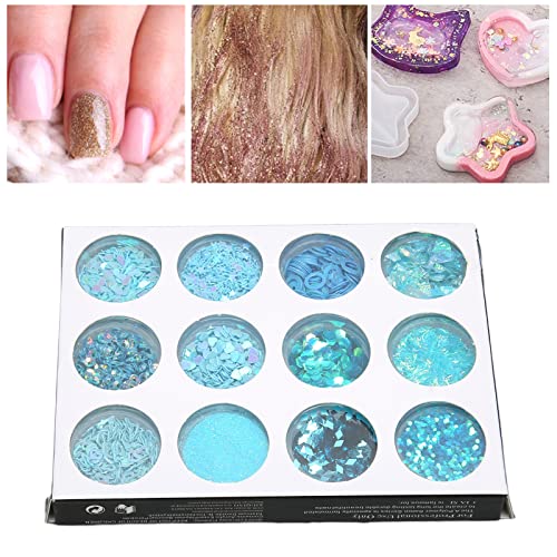 Nail Art Sequins Sets Glitter Mermaid Powder, 12 Grids Glitter Sequins Set Nail Art Accessories (Blue)