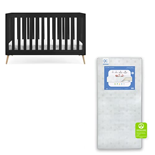 Delta Children Essex 4-in-1 Convertible Baby Crib, Ebony with Natural Legs Twinkle Galaxy Dual Sided Recycled Fiber Core Crib and Toddler Mattress (Bundle)