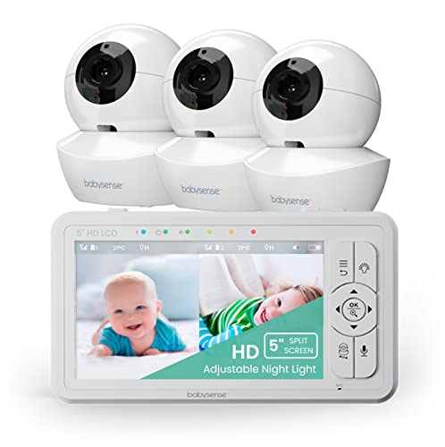 Babysense 5" HD Split-Screen Baby Monitor, Video Baby Monitor with Camera and Audio, Three HD Cameras with Remote PTZ, Night Light, 960ft Range, Two-Way Audio, 4X Zoom, Night Vision, 4000mAh Battery