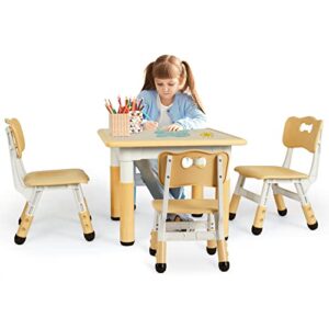 auag kids table and 4 chairs set, height adjustable toddler study table and chair set for age 2-10, multi-activity art table w/graffiti&scrubtable desktop, for daycare, classroom, home (natural)