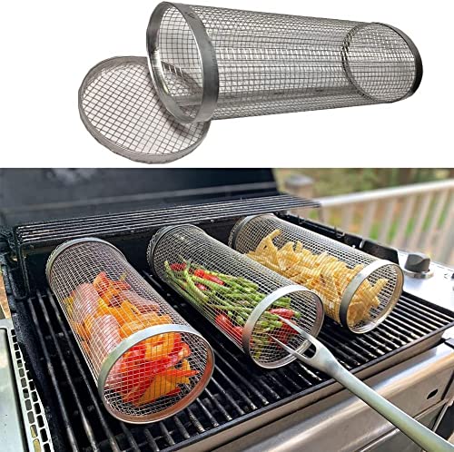 Rolling Grill Basket - Stainless Steel Barbecue Cooking Grill Grate - Outdoor Round BBQ Campfire Grill Grid - Camping Picnic Cookware BBQ Grill Grate