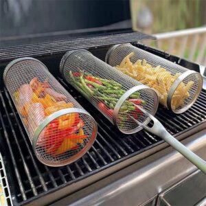 Rolling Grill Basket - Stainless Steel Barbecue Cooking Grill Grate - Outdoor Round BBQ Campfire Grill Grid - Camping Picnic Cookware BBQ Grill Grate