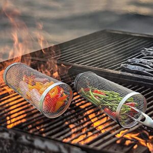 Rolling Grill Basket - Stainless Steel Barbecue Cooking Grill Grate - Outdoor Round BBQ Campfire Grill Grid - Camping Picnic Cookware BBQ Grill Grate