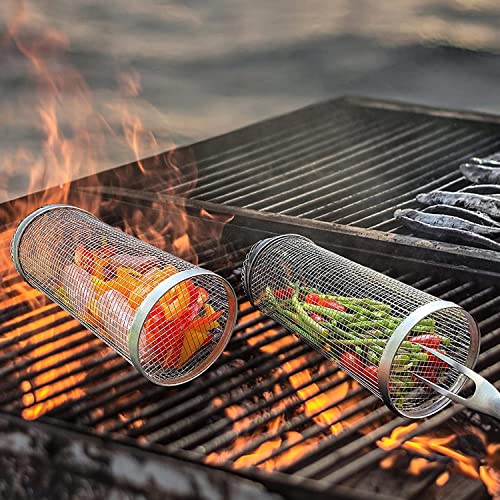 Rolling Grill Basket - Stainless Steel Barbecue Cooking Grill Grate - Outdoor Round BBQ Campfire Grill Grid - Camping Picnic Cookware BBQ Grill Grate