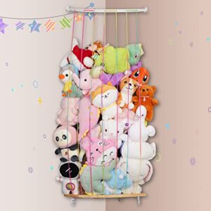 zayysoha stuffed animal storage wood hanging toy organizer with adjustable elastic rope, soft toy shelf large corner plush toys holder for nursery play room bedroom kid room