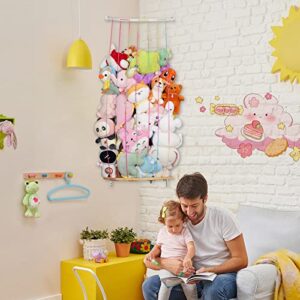 Zayysoha Stuffed Animal Storage Wood Hanging Toy Organizer with Adjustable Elastic Rope, Soft Toy Shelf Large Corner Plush Toys Holder for Nursery Play Room Bedroom Kid Room