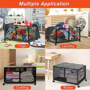 Haturi Large Metal Toy Box Storage, 2 Pack Large Toy Storage and Organizer with Metal Lid, Collapsible Sturdy Toy Organizer with Wheels, Storage Boxes Bins Baskets for Playroom, Living Room, Bedroom