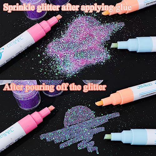 SAYEEC Scrapbook Quick Dry Glue Pen, 6 Pcs Adhesive Glue Pens with 12 Jars Fine Glitter, Crafting Fabric Liquid Glue Pen, Chisel Tip Dispensing Pen for Card Making, Papercrafts, DIY Foil-Stamping