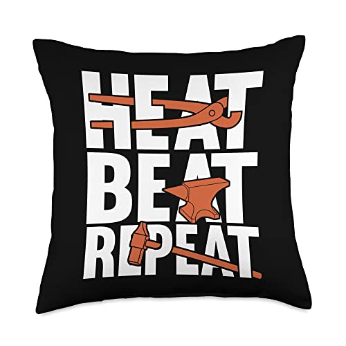 Forging Anvil T-Shirts & Funny Blacksmith Gifts Heat Beat Repeat Anvil Blacksmith Throw Pillow, 18x18, Multicolor