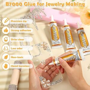 B7000 Adhesive Glue Rhinestone Kit, 4 x 15ML B-7000 Clear Craft Glue with Crystal Flatback Gems, Rhinestone Tools for Fabric, Cloth, Shoes, Nail Art, DIY Jewelry Making