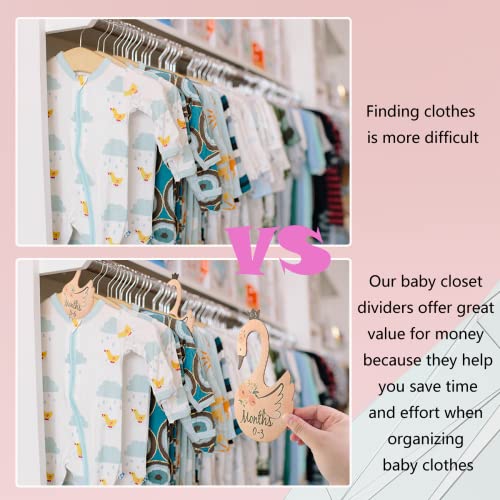 Quaocens 7 PCS Baby Closet Dividers, Swan-Shaped and Flower Pattern Wooden Baby Clothes Dividers for Closet, Marked Newborn To 24 Months Of Different Ages, Can Be Used To Organize The Baby Closet.