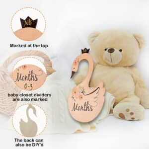 Quaocens 7 PCS Baby Closet Dividers, Swan-Shaped and Flower Pattern Wooden Baby Clothes Dividers for Closet, Marked Newborn To 24 Months Of Different Ages, Can Be Used To Organize The Baby Closet.