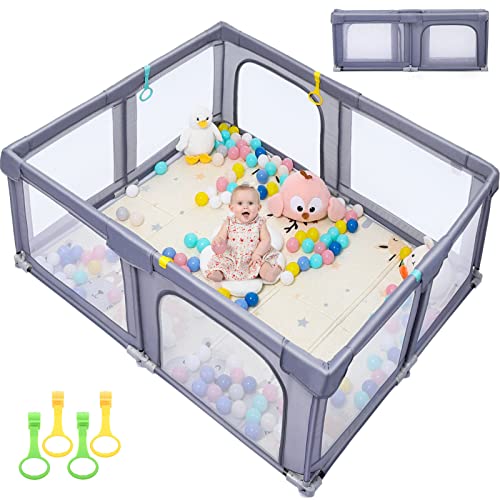 Foldable Baby Playpen, Ronipic Playpen for Babies and Toddlers, Adjustable Shape, Anti-Slip Base, 71"x59" Extra Large Baby Play Yards with Soft Breathable Mesh, Sturdy Baby Fence with Zipper Gate,Gray