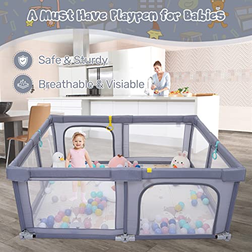 Foldable Baby Playpen, Ronipic Playpen for Babies and Toddlers, Adjustable Shape, Anti-Slip Base, 71"x59" Extra Large Baby Play Yards with Soft Breathable Mesh, Sturdy Baby Fence with Zipper Gate,Gray