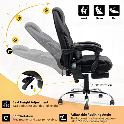 Massage Reclining Office Chair with Footrest, Home Office Chair with Lumbar Pillow, Comfortable Office Chair Computer Desk Chair with Height and Back Angle Adjustable, 280 lb Capacity, Black