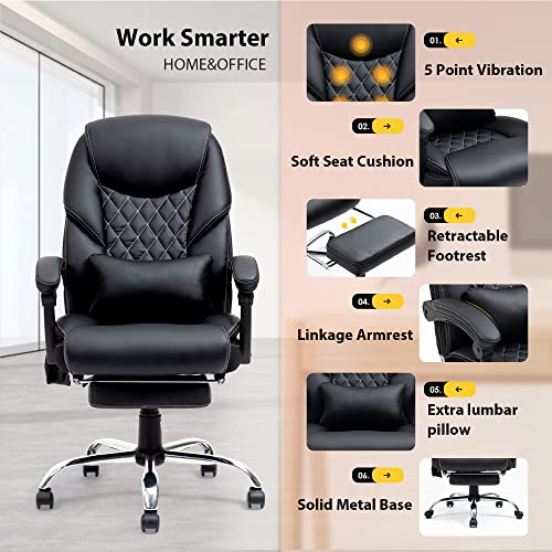 Massage Reclining Office Chair with Footrest, Home Office Chair with Lumbar Pillow, Comfortable Office Chair Computer Desk Chair with Height and Back Angle Adjustable, 280 lb Capacity, Black