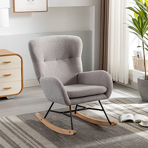 Westice Rocking Chair Rocker Glider Chair for Nursery Accent Teddy Upholstered Chair with Padded Seat & High Backrest Armchair Comfy Side Chair for Living Room Bedroom Offices (Gray)