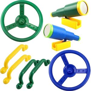 haconba playground accessories swingset plastic pirate ship steering wheel safety handles telescope for kids outdoor playground treehouse jungle gym accessories (8 pcs- green,blue,yellow set)