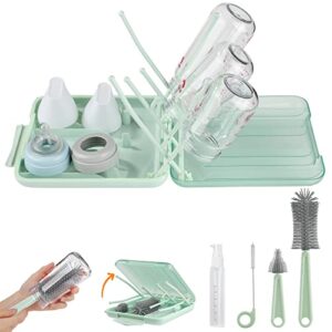 bottle brush set -baby travel essential-6 in 1 bottle cleaner kit with silicone bottle brush,nipple cleaner brush,straw brush,soap dispenser,storage box,bottle drying rack for home and travel(green)