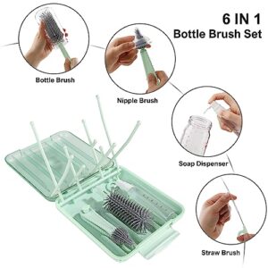 Bottle Brush Set -Baby Travel Essential-6 in 1 Bottle Cleaner Kit with Silicone Bottle Brush,Nipple Cleaner Brush,Straw Brush,Soap Dispenser,Storage Box,Bottle Drying Rack for Home and Travel(Green)