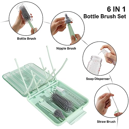 Bottle Brush Set -Baby Travel Essential-6 in 1 Bottle Cleaner Kit with Silicone Bottle Brush,Nipple Cleaner Brush,Straw Brush,Soap Dispenser,Storage Box,Bottle Drying Rack for Home and Travel(Green)