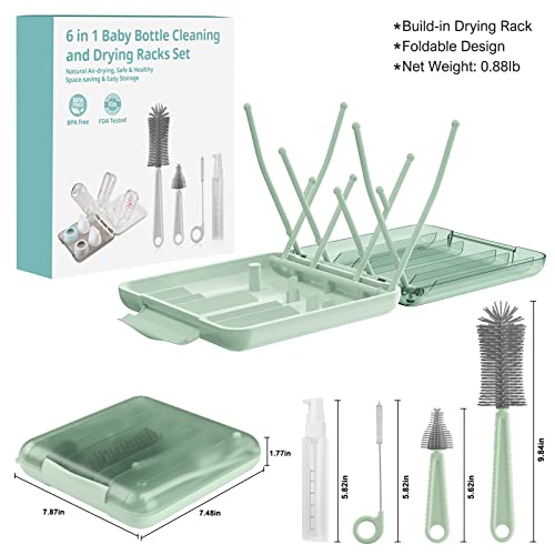 Bottle Brush Set -Baby Travel Essential-6 in 1 Bottle Cleaner Kit with Silicone Bottle Brush,Nipple Cleaner Brush,Straw Brush,Soap Dispenser,Storage Box,Bottle Drying Rack for Home and Travel(Green)