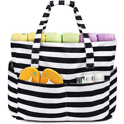 hatisan Beach Bag Waterproof Sandproof for Women Extra Large Beach Tote Bag Pool Bag with Zipper for Gym Grocery Travel with Wet Compartment(Stripe)