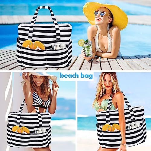 hatisan Beach Bag Waterproof Sandproof for Women Extra Large Beach Tote Bag Pool Bag with Zipper for Gym Grocery Travel with Wet Compartment(Stripe)