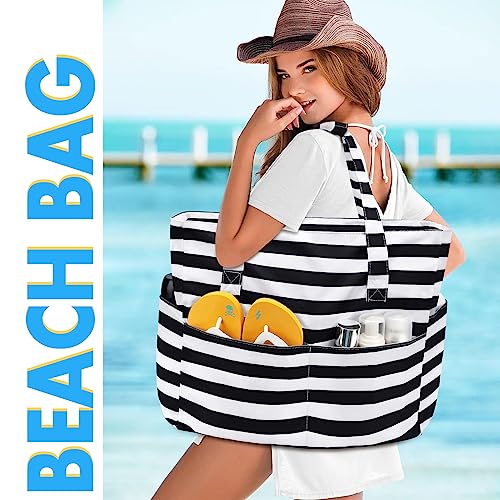 hatisan Beach Bag Waterproof Sandproof for Women Extra Large Beach Tote Bag Pool Bag with Zipper for Gym Grocery Travel with Wet Compartment(Stripe)