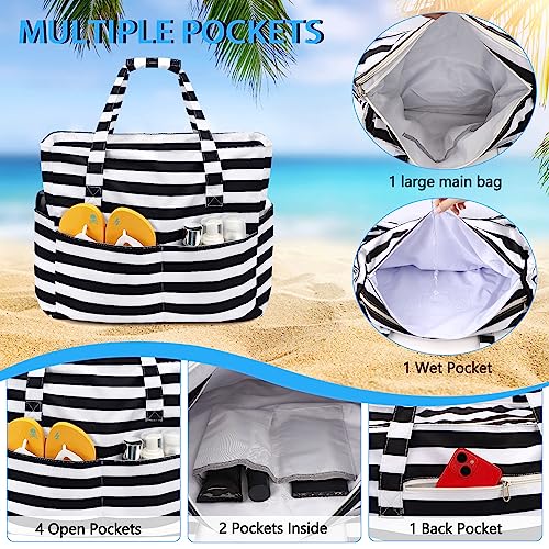 hatisan Beach Bag Waterproof Sandproof for Women Extra Large Beach Tote Bag Pool Bag with Zipper for Gym Grocery Travel with Wet Compartment(Stripe)