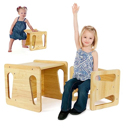 HYUNLAI Montessori Weaning Table and Chair Set Real Hardwood Students Multi-Use Cube Kitchen  Perfect Activity Table and Chair Set for Childre