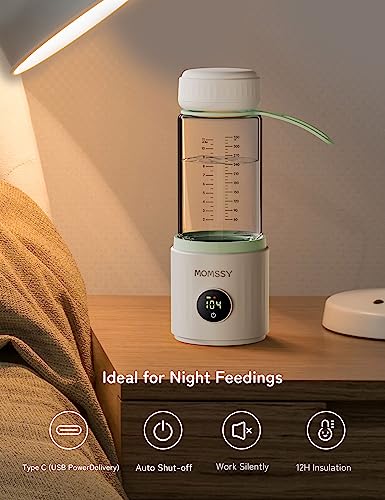 Momssy Portable Bottle Warmer, Baby Milk Warmer for Breastmilk Formula, Travel Bottle Warmer, Smart 4 Temperature Setting with USB Rechargeable Cordless, Auto Shut-Off, Multifunctional Bottle Warmer