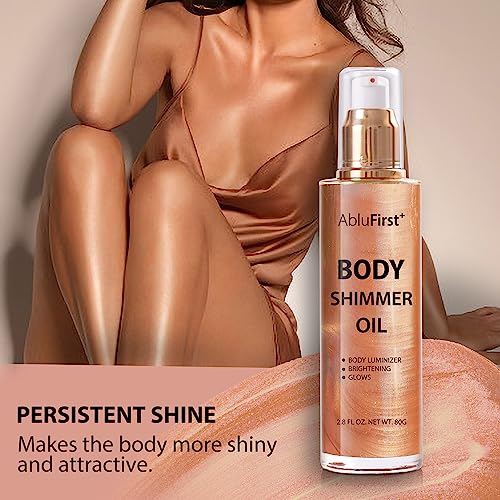 AbluFirst 2 Colors Shimmer Body Oil Face Glitter Summer Body Moisturizing Light Shimmering Glow Non-Sticky Party Body Luminizer and Illuminator Smooth (2.8 Fl Oz Pack of 1, Rose Gold)