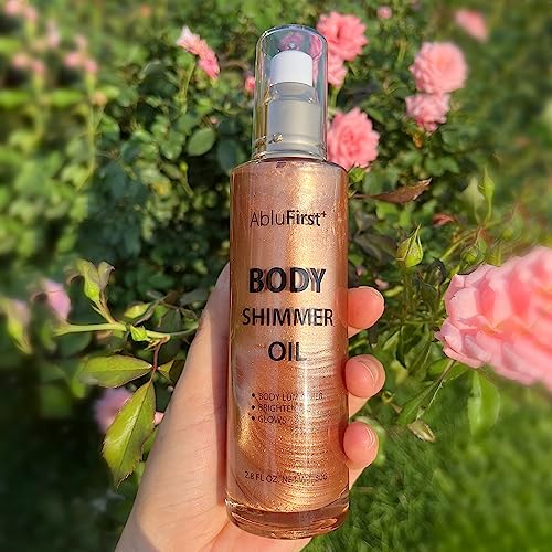 AbluFirst 2 Colors Shimmer Body Oil Face Glitter Summer Body Moisturizing Light Shimmering Glow Non-Sticky Party Body Luminizer and Illuminator Smooth (2.8 Fl Oz Pack of 1, Rose Gold)