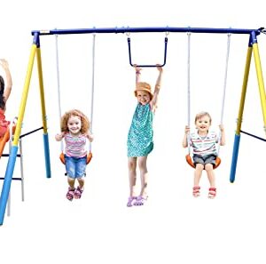 SMkidsport Swing Sets for Backyard with Slide, Basketball Hoop, Two Swing Seats and Gymnastics Rings, Playground Set for Kids Outdoor