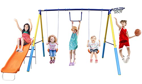 SMkidsport Swing Sets for Backyard with Slide, Basketball Hoop, Two Swing Seats and Gymnastics Rings, Playground Set for Kids Outdoor