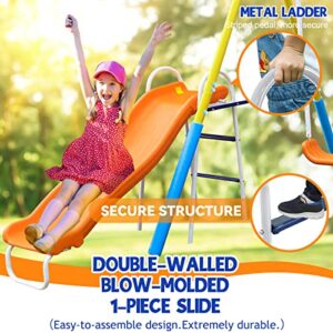 SMkidsport Swing Sets for Backyard with Slide, Basketball Hoop, Two Swing Seats and Gymnastics Rings, Playground Set for Kids Outdoor