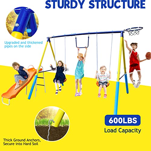 SMkidsport Swing Sets for Backyard with Slide, Basketball Hoop, Two Swing Seats and Gymnastics Rings, Playground Set for Kids Outdoor