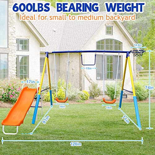 SMkidsport Swing Sets for Backyard with Slide, Basketball Hoop, Two Swing Seats and Gymnastics Rings, Playground Set for Kids Outdoor