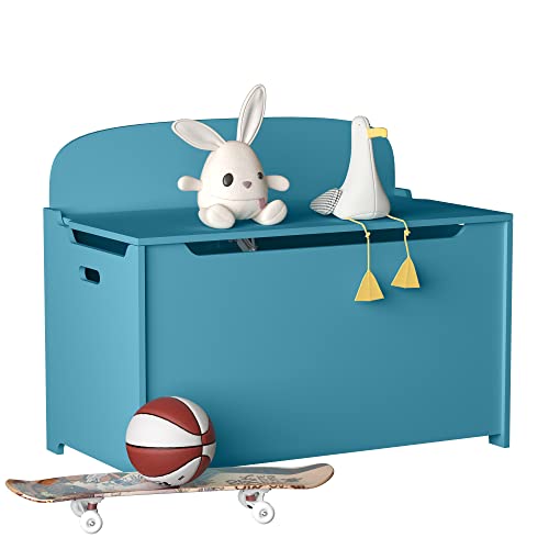 MASISDAOZ Wooden Kids Toy Box, 30 Inches Large Toy Chests Organizers with Safety Hinged Lid, Modern Decorative Toys Storage Organizers Toys Bench Box for Playroom Bedroom Living Room (Blue)