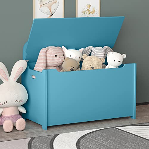 MASISDAOZ Wooden Kids Toy Box, 30 Inches Large Toy Chests Organizers with Safety Hinged Lid, Modern Decorative Toys Storage Organizers Toys Bench Box for Playroom Bedroom Living Room (Blue)